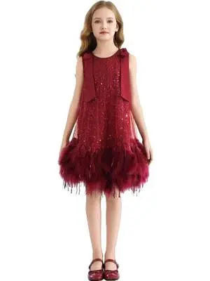 TULLEEN Sequin Feathered Hem Sleeveless Dress - Red