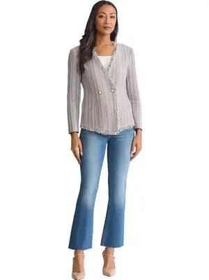Misook Asymmetrical Fringe Trim Knit Jacket - Biscotti/powder Blue