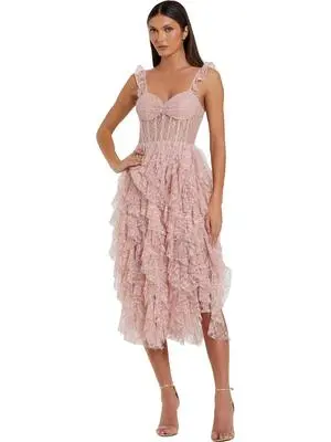 Mac Duggal Lace Ruffle Tiered Midi Dress - Blush