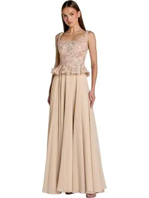 Mac Duggal Embroidered Peplum Top Chiffon Skirt Gown - Champagne