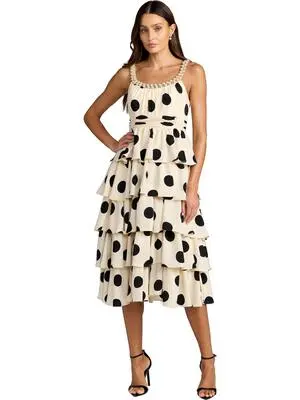 Mac Duggal Polka Dot Pearl Trim Ruffle Midi Dress - Black Ivory