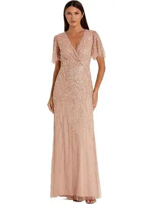 Mac Duggal Embellished Flutter Sleeve Gown - Nude