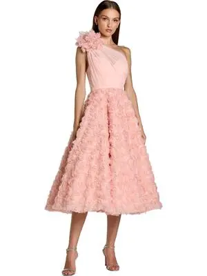 Mac Duggal One-shoulder Floral Rosette Midi Dress - Pink