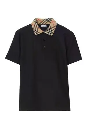 Burberry Check Collar Cotton Polo Shirt - Blue