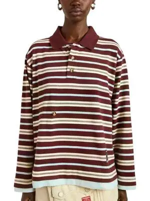 DAMSON MADDER Striped Long Sleeve Polo Shirt - Red