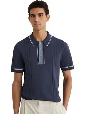 REISS Rothwell Tipped Half-button Knitted Polo Shirt - Navy