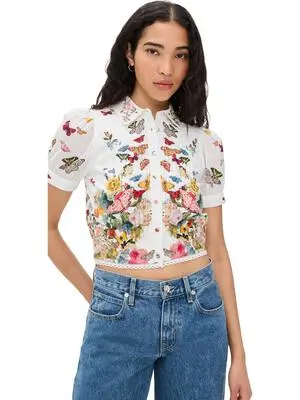 Alice + Olivia Embroidered Puff Sleeve Button-down Blouse - Solar Strength Off White