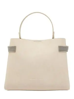 Brunello Cucinelli Stud-embellished Suede Top Handle Bag - Ivory