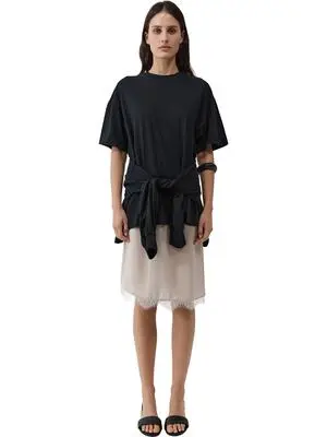 ST AGNI Fine Lace Trimmed Silk Skirt - Stone
