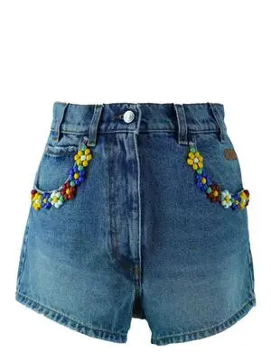 MSGM Floral-embellished Denim Shorts - Blue