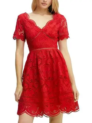 MORGAN Scalloped-trim V-neck Mini Dress - Red