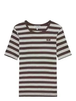 GANNI Striped Embroidered T-shirt - Brown
