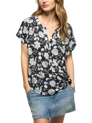 Lucky Brand Sandwash Notch Neck Floral Top - Navy Floral