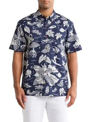 KAHALA E Kipa Mai Print Cotton Short Sleeve Button-down Shirt Navy