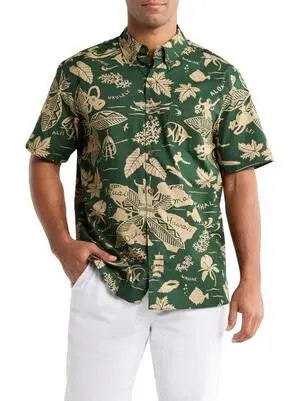 KAHALA E Kipa Mai Print Cotton Short Sleeve Button-down Shirt - Pine
