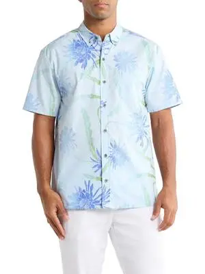 KAHALA Night Shades Print Cotton Short Sleeve Button-down Shirt - Silver Blue