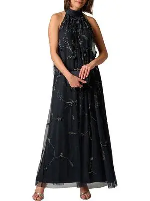 Adrianna Papell Beaded Floral Trapeze Gown - Midnight