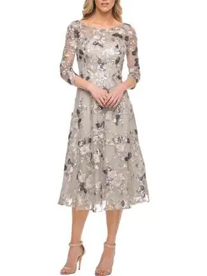 La Femme Lace And Sequin Embellished Tea Length Dress - Silver