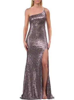 LABOMME Sequin One-shoulder Column Gown With Slit - Lavender/gray