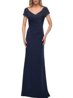La Femme Short Sleeve Evening Dress With Beaded Neckline - Navy