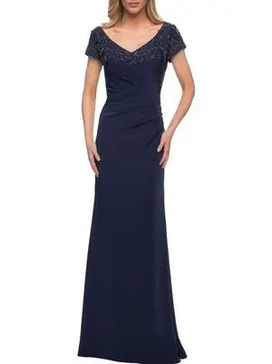 La Femme Crystal Embellished Cap Sleeve Jersey Sheath Gown - Navy