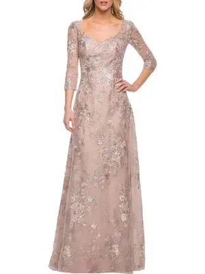 La Femme Floral Embroidered Mesh A-line Gown - Mauve