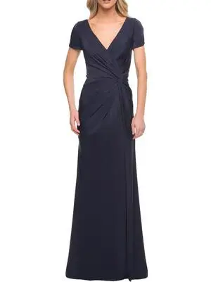 LA FEMME La Femme V-Neck Gathered Waist Evening Gown