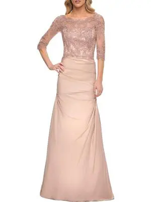 La Femme Floral Lace Gown With Sequined Bodice And Satin Skirt - Pink Champagne