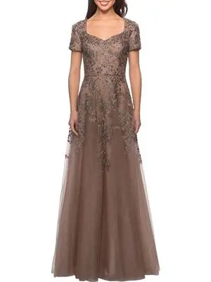 La Femme Embellished Tulle A-line Gown - Cocoa