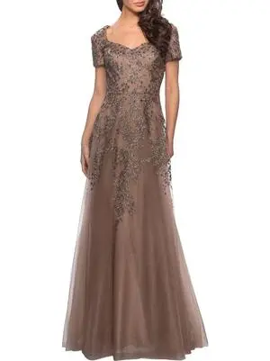 La Femme La Femme Embellished Tulle A-Line Gown Cocoa
