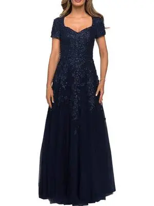 La Femme La Femme Embellished Tulle A-Line Gown Navy