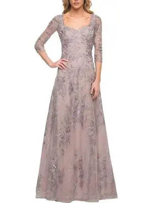 La Femme La Femme Floral Embroidered Mesh A-Line Gown Silver/pink