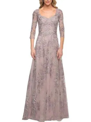 La Femme Floral Embroidered Mesh A-line Gown - Silver/pink