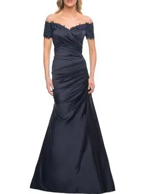 La Femme Off-the-shoulder Satin And Lace Mermaid Gown - Navy