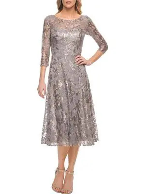 La Femme Lace Sequined Cocktail Dress - Silver
