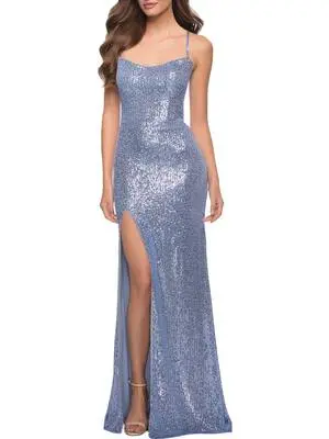 LABOMME Sequin Gown With Square Neckline And Open Back - Cloud Blue