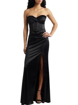 EMERALD SUNDAE Ruched Corset Strapless Gown - Black