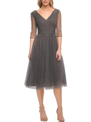 La Femme Beaded Tulle Cocktail Dress - Gunmetal