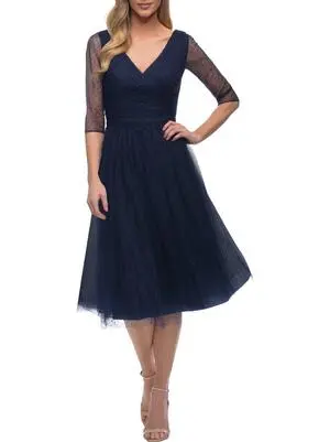 La Femme Tea Length Tulle Dress - Navy
