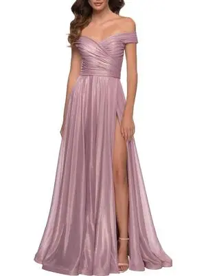 La Femme Off-the-shoulder Chiffon Gown With Slit - Pink Metallic
