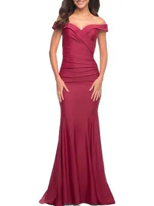 La Femme La Femme Off-the-Shoulder Evening Gown Wine