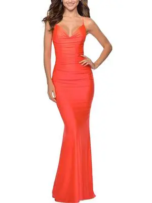 La Femme Jersey Prom Dress With Strappy Back - Neon Coral