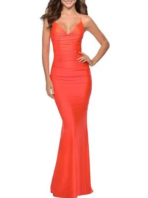 La Femme Strappy Back Ruched Trumpet Gown - Neon Coral