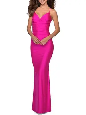 La Femme Jersey Prom Dress With Strappy Back - Neon Pink