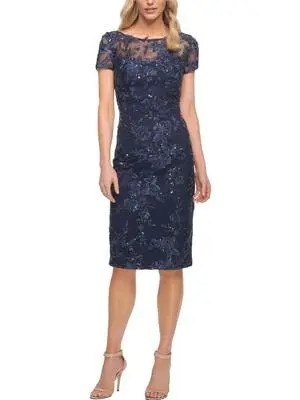 La Femme Lace Short Dress With Illusion Top And Sleeves - Navy