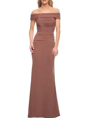 La Femme La Femme Off-the-Shoulder Ruched Jersey Trumpet Gown Cocoa