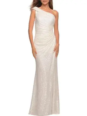 La Femme One-shoulder Sequin Gown With Slit - White