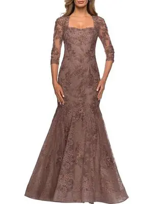 La Femme Floral Lace & Tulle Mermaid Gown - Cocoa