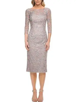 LABOMME Fitted Lace Midi Dress With Illusion Sleeves - Silver/mauve