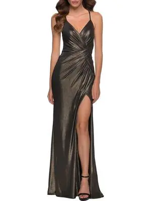 LABOMME Criss Cross Ruched Metallic Gown With Slit - Black/gold